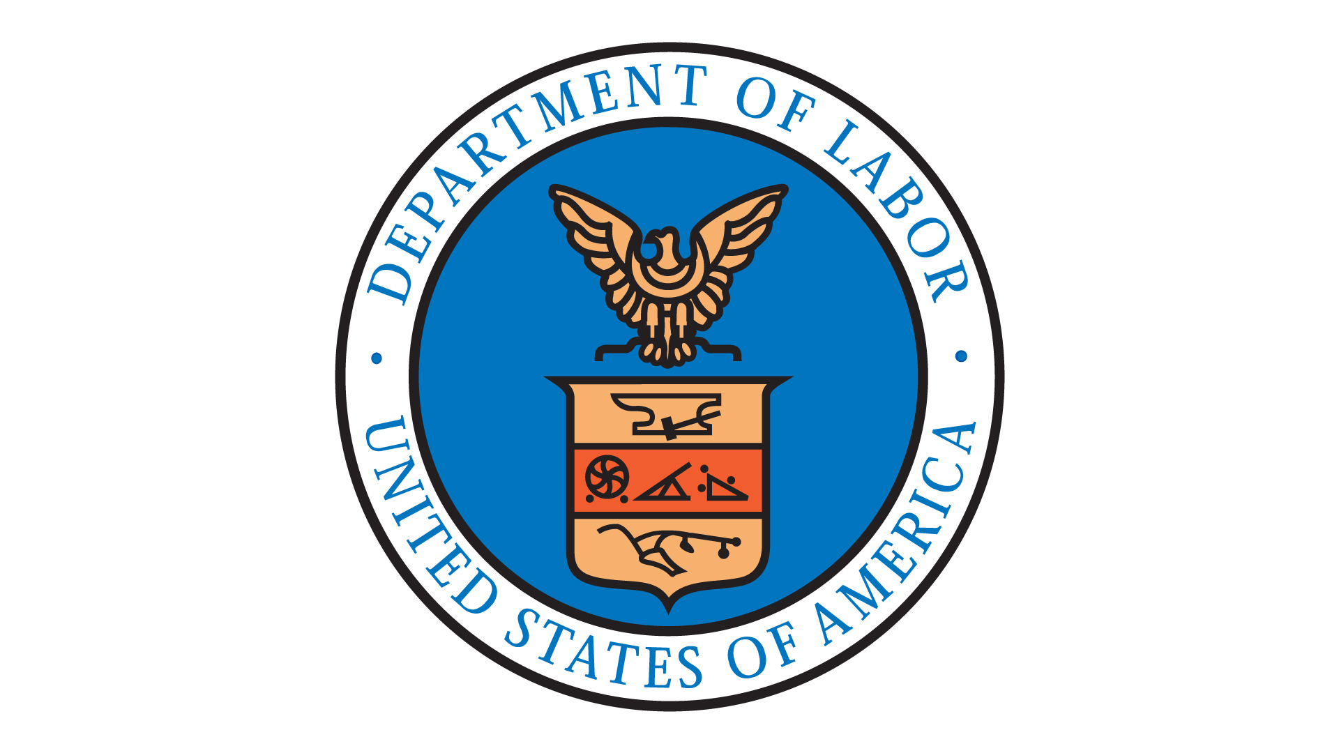 circular gold and blue department of labor logo with a gold eagle on top of a gold and orange ...
